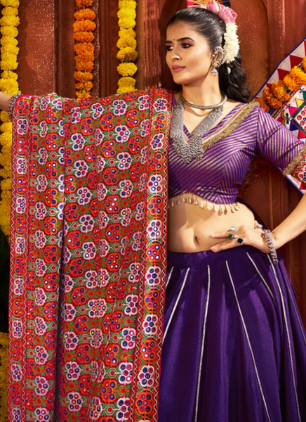 Navratri Special Gamthi Embroidery Real Mirror Silk Purple Lehenga Set ...